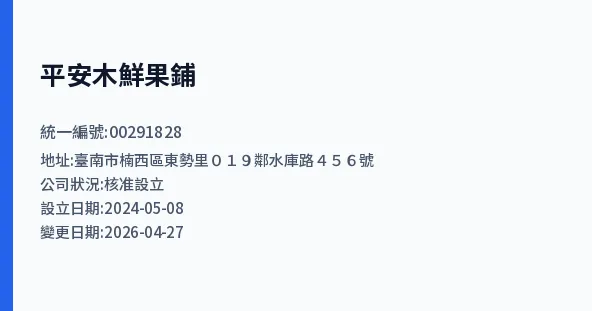 平安木鮮果鋪的照片-統編 00291828(臺南市) 公司登記資料與營業項目詳細圖表