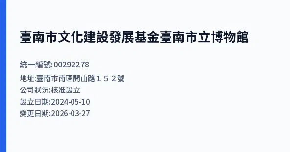 臺南市文化建設發展基金臺南市立博物館的照片-統編 00292278(臺南市) 公司登記資料與營業項目詳細圖表