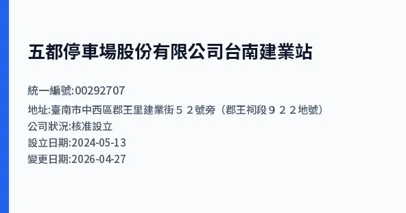 五都停車場股份有限公司台南建業站的照片-統編 00292707(臺南市) 公司登記資料與營業項目詳細圖表