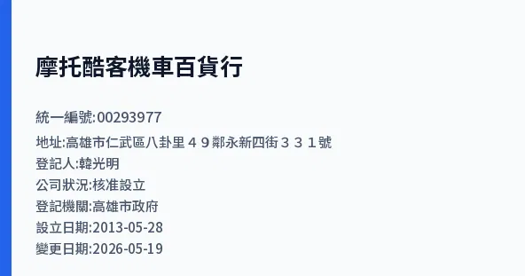 摩托酷客機車百貨行的照片-統編 00293977(高雄市) 公司登記資料與營業項目詳細圖表