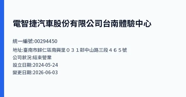 電智捷汽車股份有限公司台南體驗中心的照片-統編 00294450(臺南市) 公司登記資料與營業項目詳細圖表
