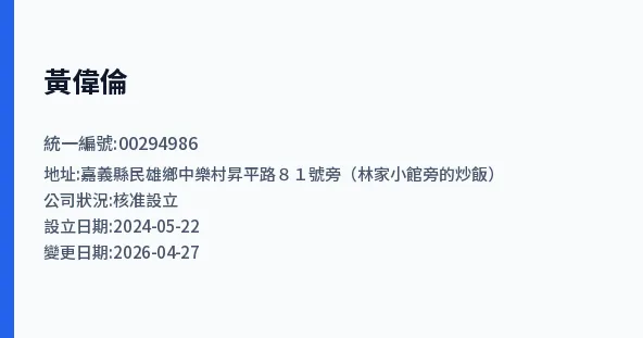 黃偉倫的照片-統編 00294986(嘉義縣) 公司登記資料與營業項目詳細圖表