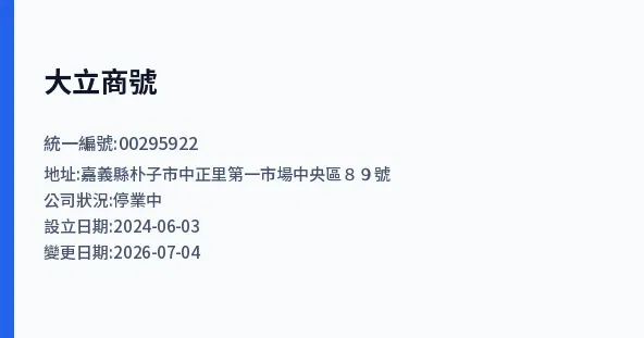 大立商號的照片-統編 00295922(嘉義縣) 公司登記資料與營業項目詳細圖表