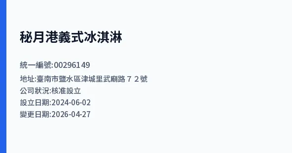 秘月港義式冰淇淋的照片-統編 00296149(臺南市) 公司登記資料與營業項目詳細圖表