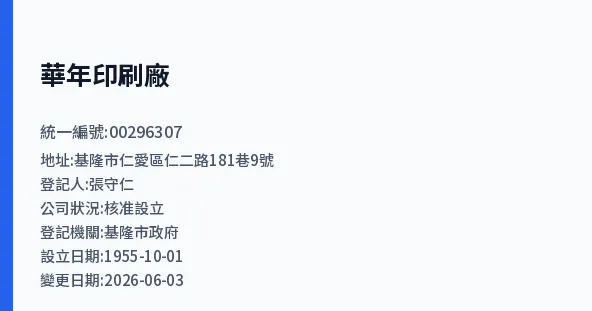 華年印刷廠的照片-統編 00296307(基隆市) 公司登記資料與營業項目詳細圖表