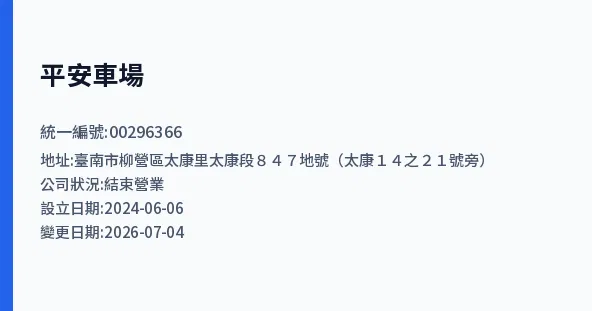 平安車場的照片-統編 00296366(臺南市) 公司登記資料與營業項目詳細圖表