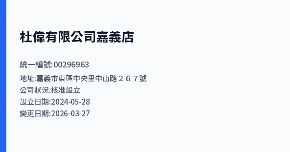 杜偉有限公司嘉義店的照片-統編 00296963(嘉義市) 公司登記資料與營業項目詳細圖表