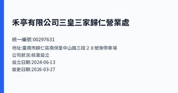 禾亭有限公司三皇三家歸仁營業處的照片-統編 00297631(臺南市) 公司登記資料與營業項目詳細圖表