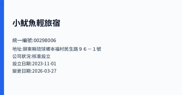 小魷魚輕旅宿的照片-統編 00298006(屏東縣) 公司登記資料與營業項目詳細圖表