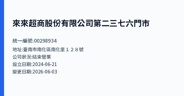 來來超商股份有限公司第二三七六門市的照片-統編 00298934(臺南市) 公司登記資料與營業項目詳細圖表