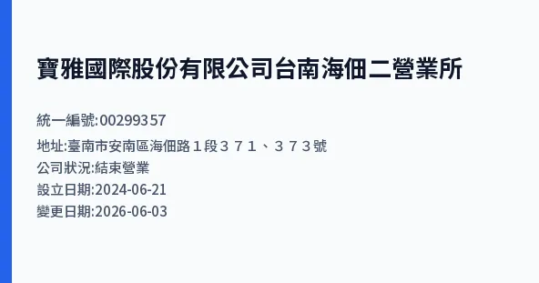 寶雅國際股份有限公司台南海佃二營業所的照片-統編 00299357(臺南市) 公司登記資料與營業項目詳細圖表