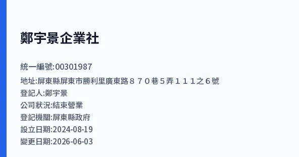 鄭宇景企業社的照片-統編 00301987(屏東縣) 公司登記資料與營業項目詳細圖表