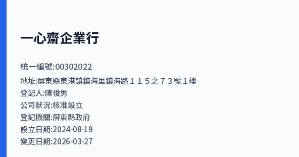 一心齋企業行的照片-統編 00302022(屏東縣) 公司登記資料與營業項目詳細圖表