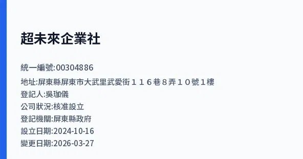 超未來企業社的照片-統編 00304886(屏東縣) 公司登記資料與營業項目詳細圖表