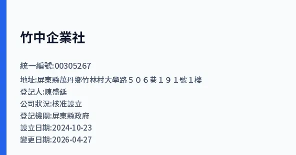 竹中企業社的照片-統編 00305267(屏東縣) 公司登記資料與營業項目詳細圖表