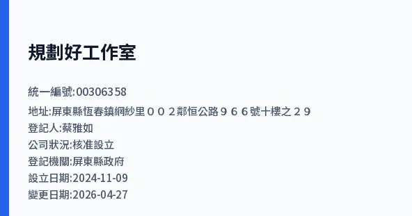 規劃好工作室的照片-統編 00306358(屏東縣) 公司登記資料與營業項目詳細圖表
