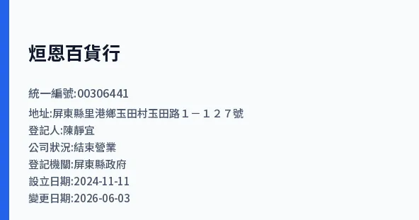 烜恩百貨行的照片-統編 00306441(屏東縣) 公司登記資料與營業項目詳細圖表