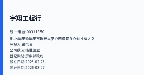 宇翔工程行的照片-統編 00311850(屏東縣) 公司登記資料與營業項目詳細圖表