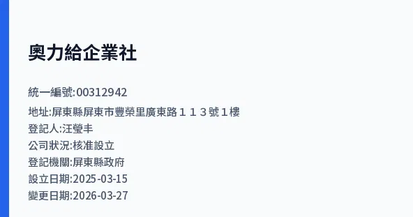 奧力給企業社的照片-統編 00312942(屏東縣) 公司登記資料與營業項目詳細圖表