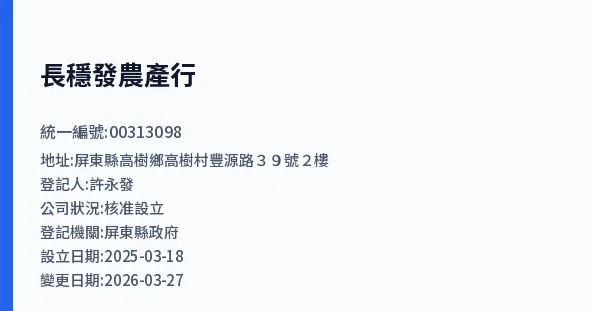 長穩發農產行的照片-統編 00313098(屏東縣) 公司登記資料與營業項目詳細圖表