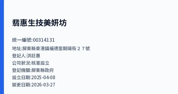 翡惠生技美妍坊的照片-統編 00314131(屏東縣) 公司登記資料與營業項目詳細圖表