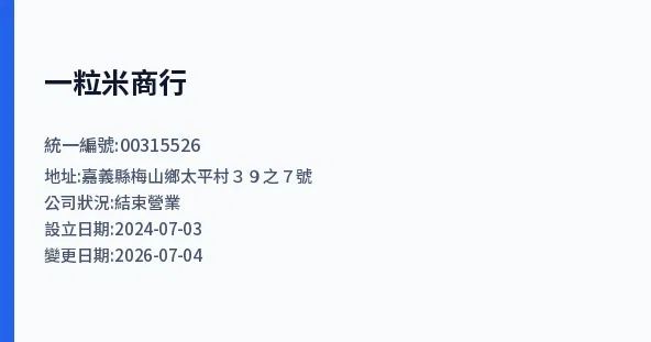 一粒米商行的照片-統編 00315526(嘉義縣) 公司登記資料與營業項目詳細圖表