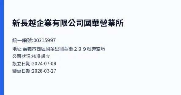 新長越企業有限公司國華營業所的照片-統編 00315997(嘉義市) 公司登記資料與營業項目詳細圖表