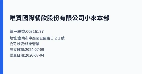 唯賀國際餐飲股份有限公司小來本部的照片-統編 00316187(臺南市) 公司登記資料與營業項目詳細圖表