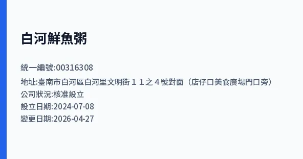 白河鮮魚粥的照片-統編 00316308(臺南市) 公司登記資料與營業項目詳細圖表