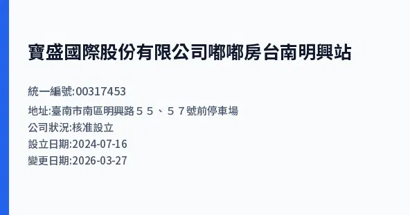 寶盛國際股份有限公司嘟嘟房台南明興站的照片-統編 00317453(臺南市) 公司登記資料與營業項目詳細圖表