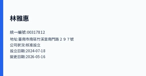 林雅惠的照片-統編 00317812(臺南市) 公司登記資料與營業項目詳細圖表