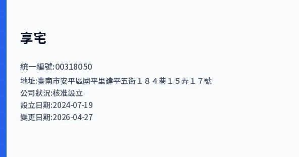 享宅的照片-統編 00318050(臺南市) 公司登記資料與營業項目詳細圖表