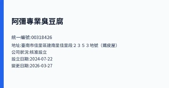 阿彌專業臭豆腐的照片-統編 00318426(臺南市) 公司登記資料與營業項目詳細圖表
