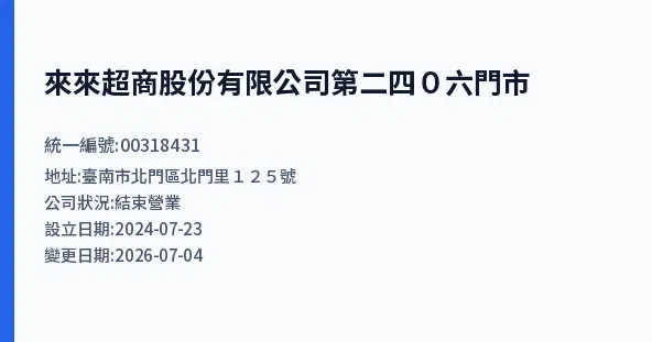 來來超商股份有限公司第二四0六門市的照片-統編 00318431(臺南市) 公司登記資料與營業項目詳細圖表