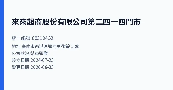 來來超商股份有限公司第二四一四門市的照片-統編 00318452(臺南市) 公司登記資料與營業項目詳細圖表