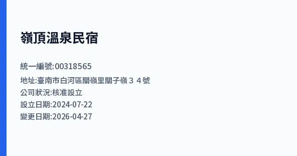 嶺頂溫泉民宿的照片-統編 00318565(臺南市) 公司登記資料與營業項目詳細圖表