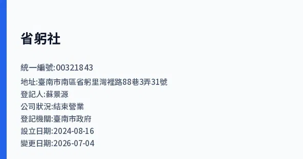 省躬社的照片-統編 00321843(臺南市) 公司登記資料與營業項目詳細圖表
