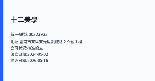 十二美學的照片-統編 00323933(臺南市) 公司登記資料與營業項目詳細圖表