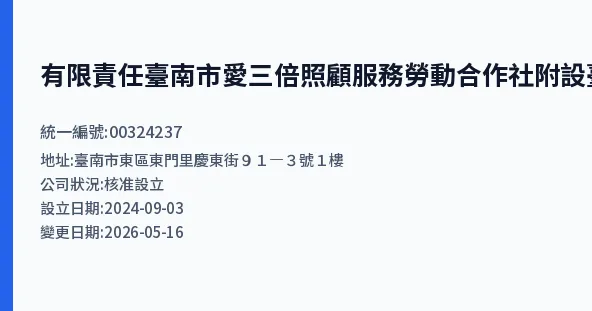 有限責任臺南市愛三倍照顧服務勞動合作社附設臺南市私立愛三倍居家長照機構的照片-統編 00324237(臺南市) 公司登記資料與營業項目詳細圖表