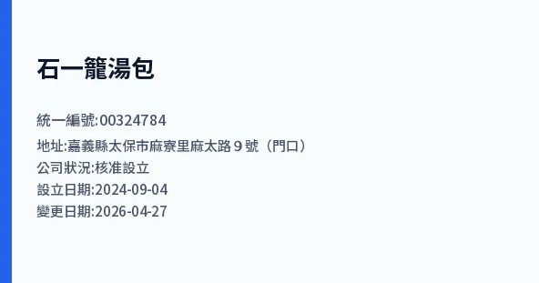 石一籠湯包的照片-統編 00324784(嘉義縣) 公司登記資料與營業項目詳細圖表