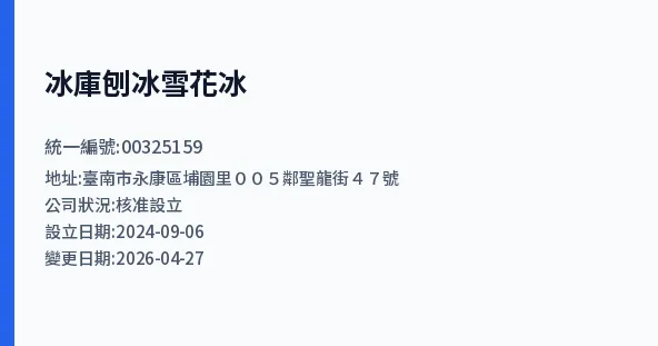 冰庫刨冰雪花冰的照片-統編 00325159(臺南市) 公司登記資料與營業項目詳細圖表