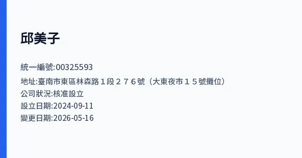 邱美子的照片-統編 00325593(臺南市) 公司登記資料與營業項目詳細圖表