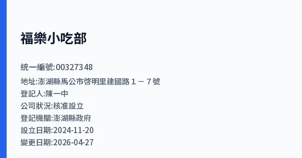 福樂小吃部的照片-統編 00327348(澎湖縣) 公司登記資料與營業項目詳細圖表