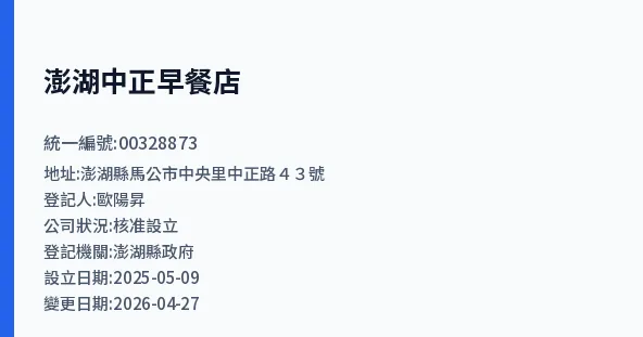 澎湖中正早餐店的照片-統編 00328873(澎湖縣) 公司登記資料與營業項目詳細圖表