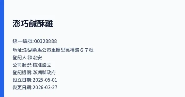 澎巧鹹酥雞的照片-統編 00328888(澎湖縣) 公司登記資料與營業項目詳細圖表