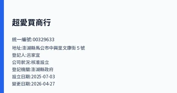 超愛買商行的照片-統編 00329633(澎湖縣) 公司登記資料與營業項目詳細圖表