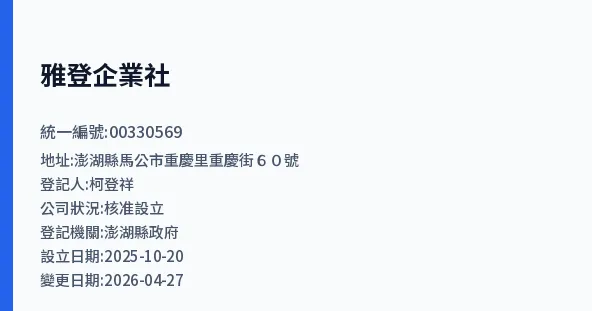 雅登企業社的照片-統編 00330569(澎湖縣) 公司登記資料與營業項目詳細圖表