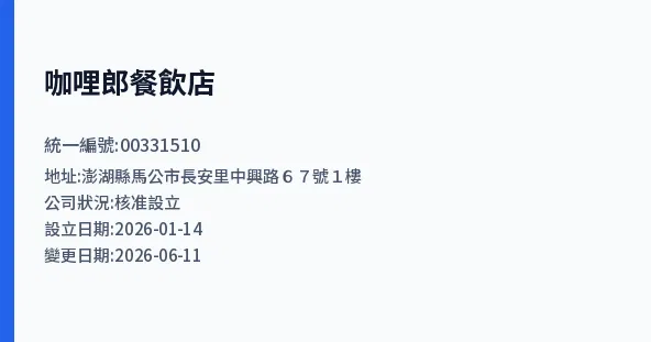 咖哩郎餐飲店的照片-統編 00331510(澎湖縣) 公司登記資料與營業項目詳細圖表