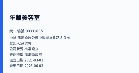 年華美容室的照片-統編 00331835(澎湖縣) 公司登記資料與營業項目詳細圖表