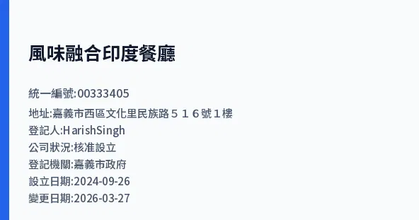 風味融合印度餐廳的照片-統編 00333405(嘉義市) 公司登記資料與營業項目詳細圖表